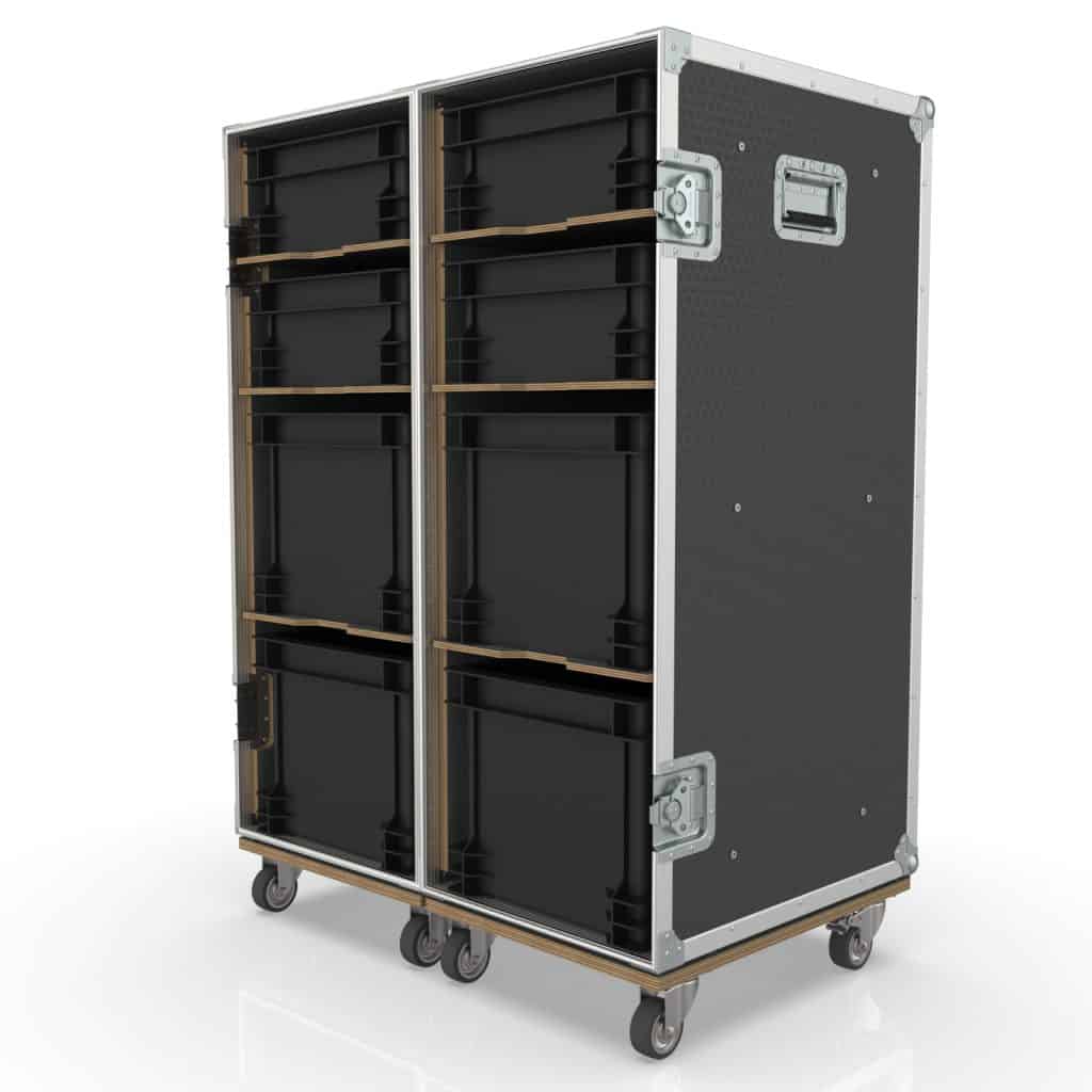 CLAM SHELL STYLE ROAD CASE WITH 8 STORAGE SPACES FOR PLASTIC BINS AND ...